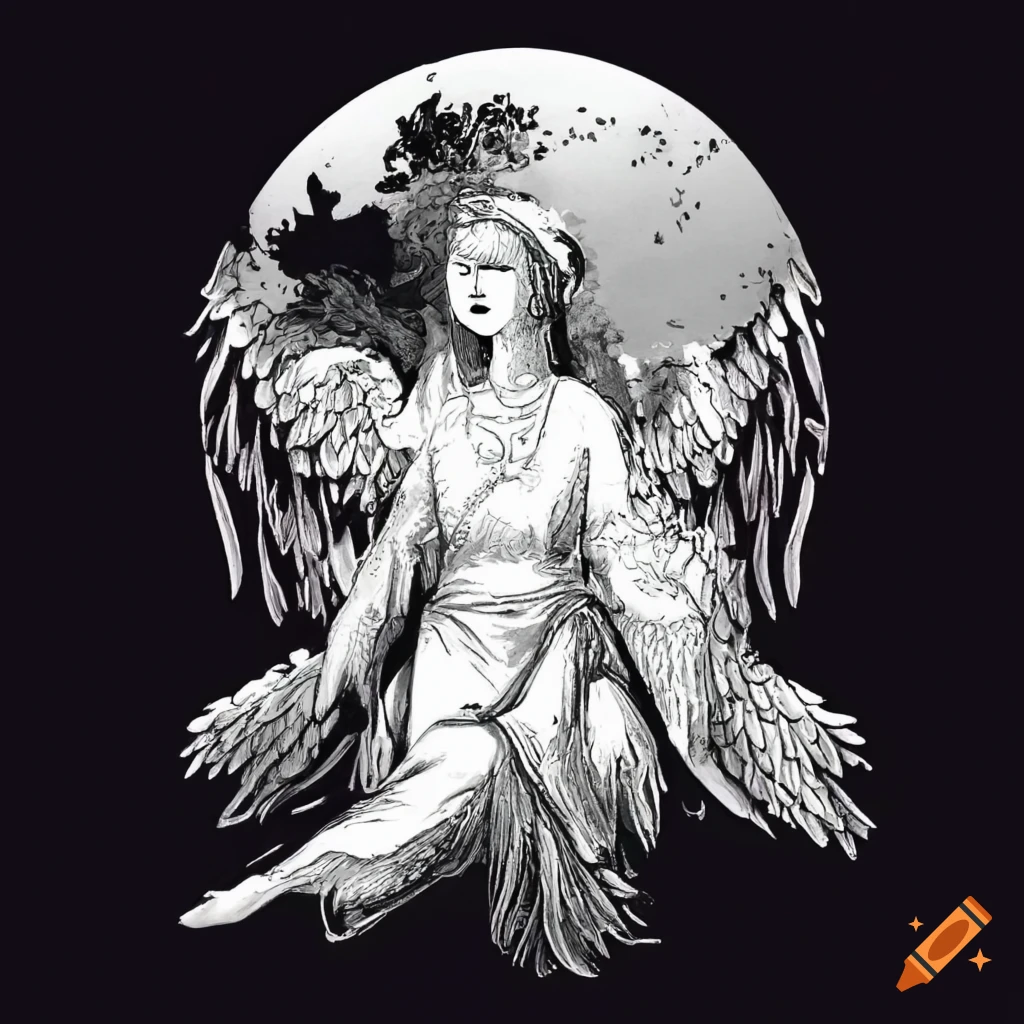 Young woman angel with a blunt in pen ink drawing on Craiyon