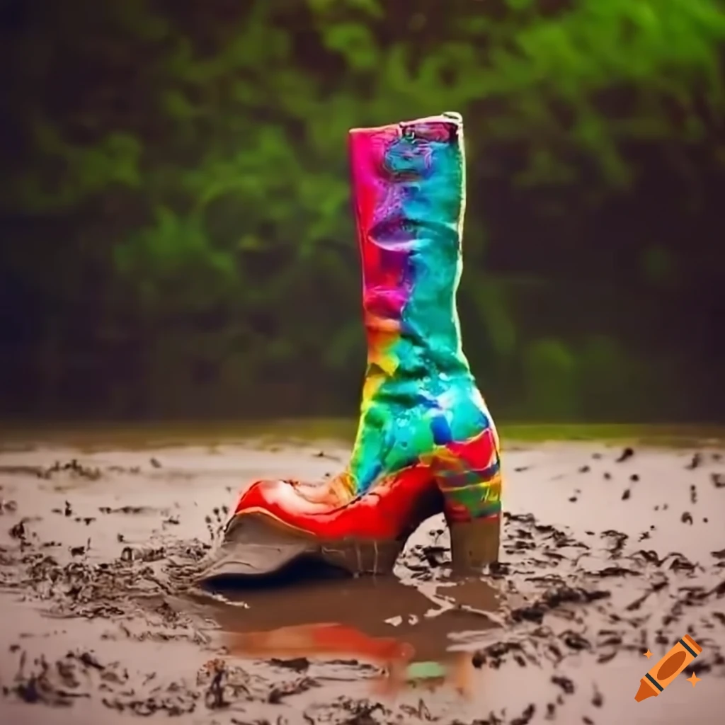 Colorful boots dancing in a mud puddle