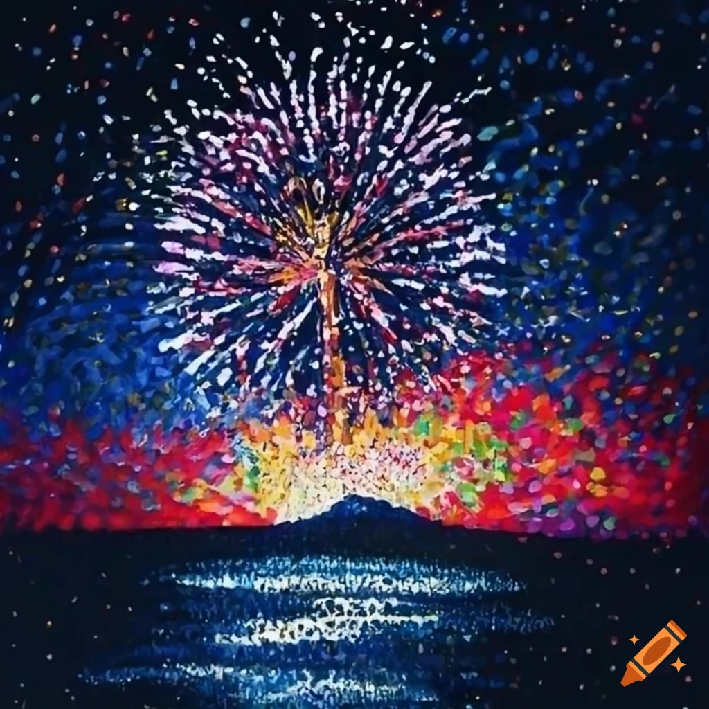 Fireworks in the sky above a busy street in a semi-realistic painting ...