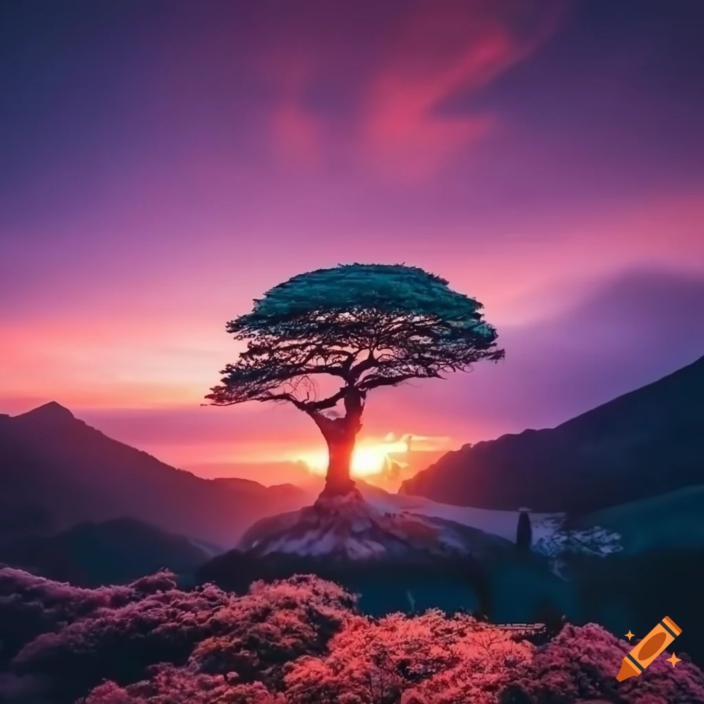 Sunset over a picturesque japanese village with mountains and trees on ...