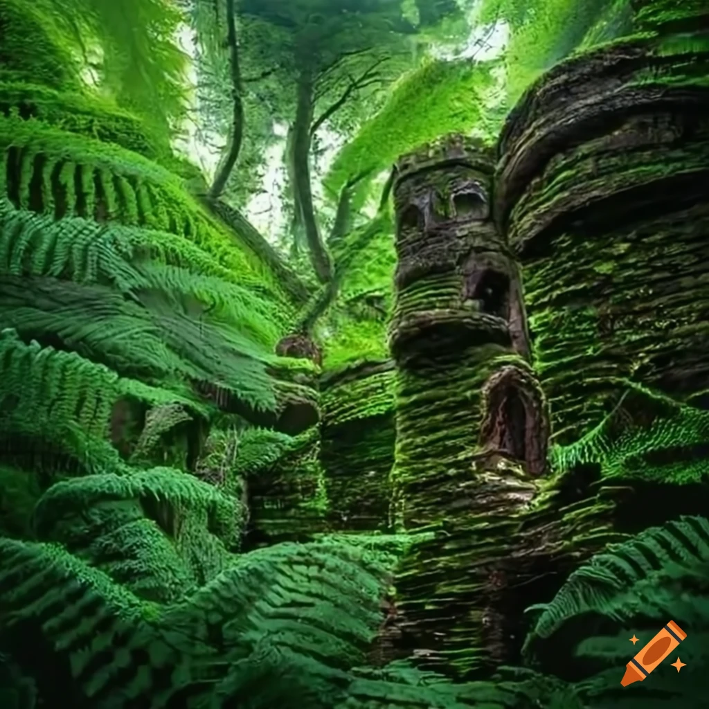 Biomorphic stone towers and walls in forest on Craiyon
