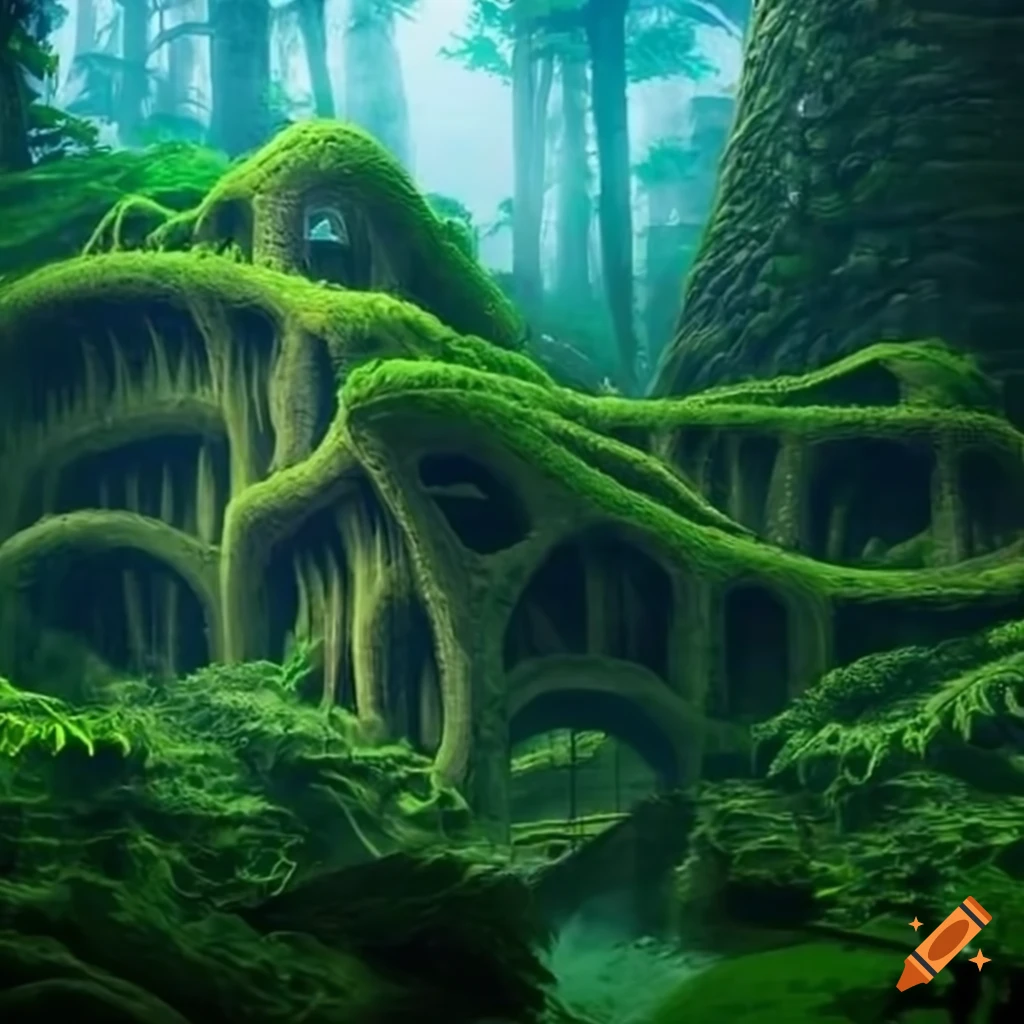 Biomorphic stone city in a forest of giant ferns on Craiyon