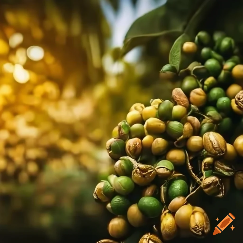 Coffee trees with golden beans in cinematic lighting on Craiyon