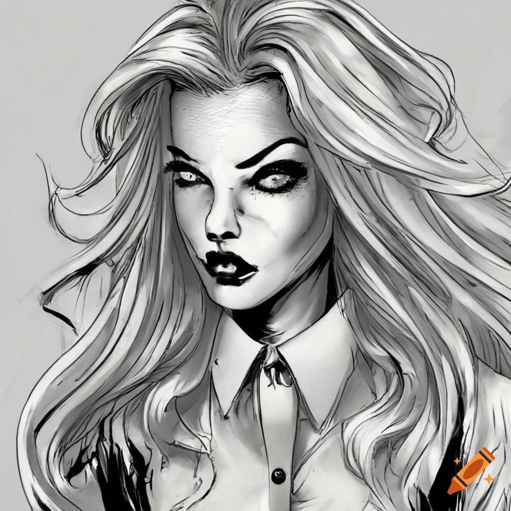 Black and white comic book art of a blond woman with long hair on Craiyon