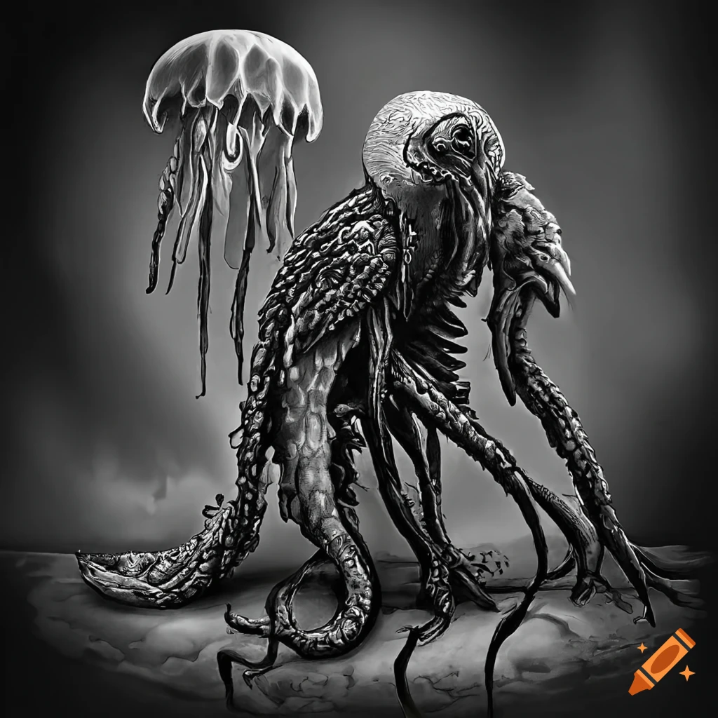 Detailed etching of a Lovecraftian hybrid creature on Craiyon