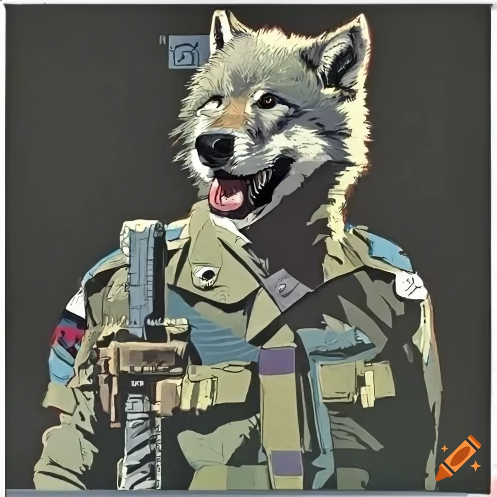 Pop art poster of a wolf in a fighter uniform
