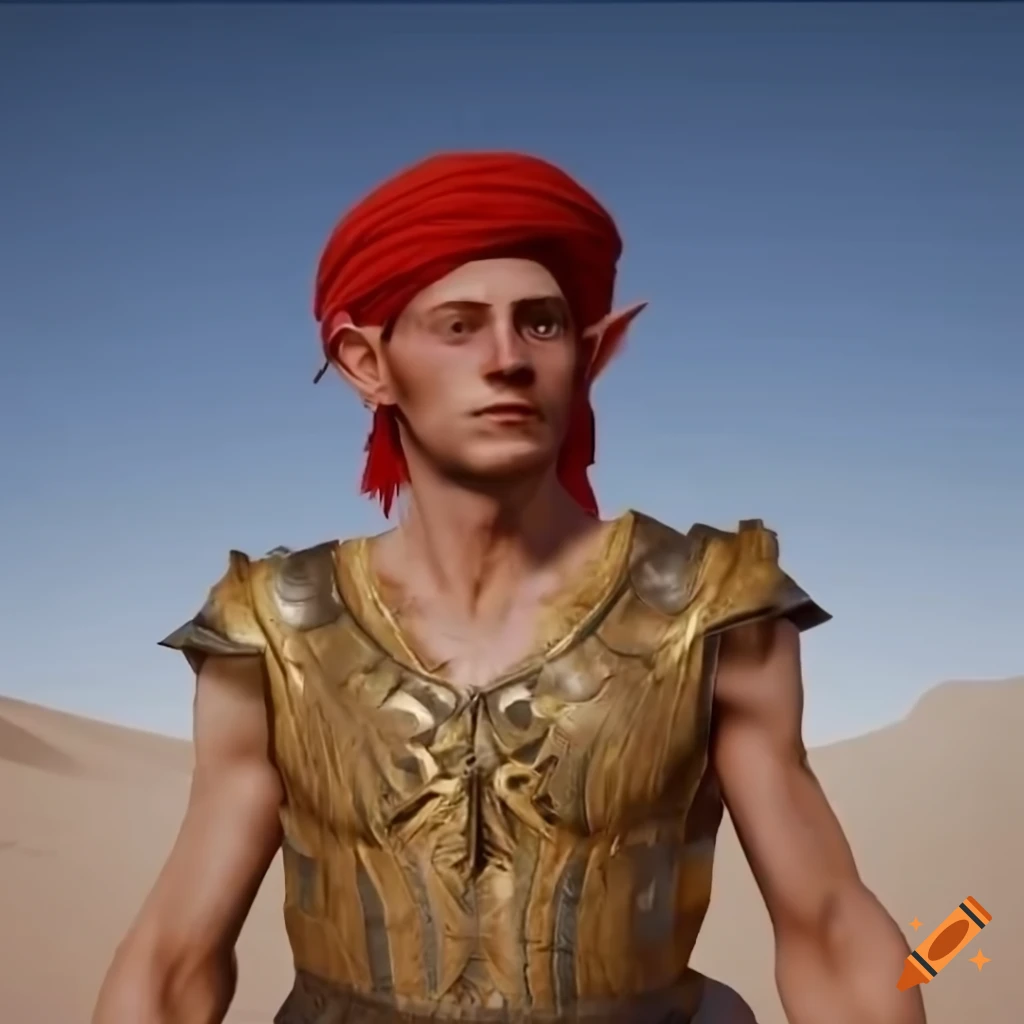 Digital artwork of a red-haired elf man in a desert on Craiyon