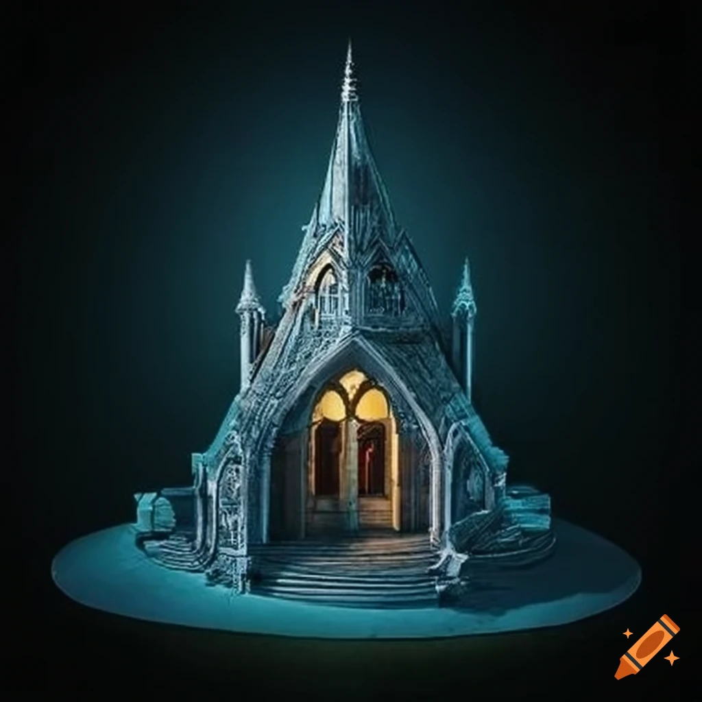 Illustration of an easter-inspired cabin with cathedral-like features ...
