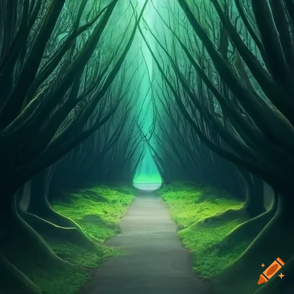 Stone road through a shadowy forest leading to ancient temple ruins on ...