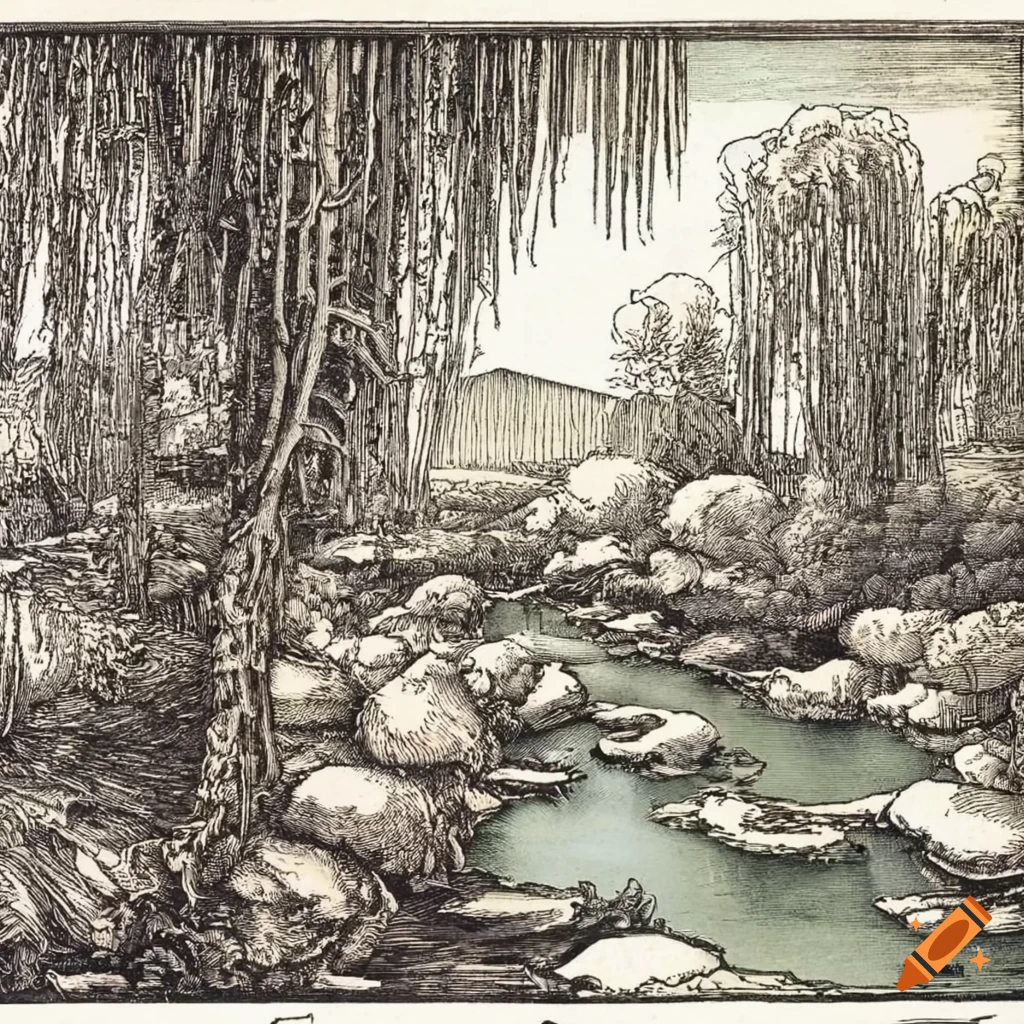 Woodcut style artwork of harps and willow trees by a stream
