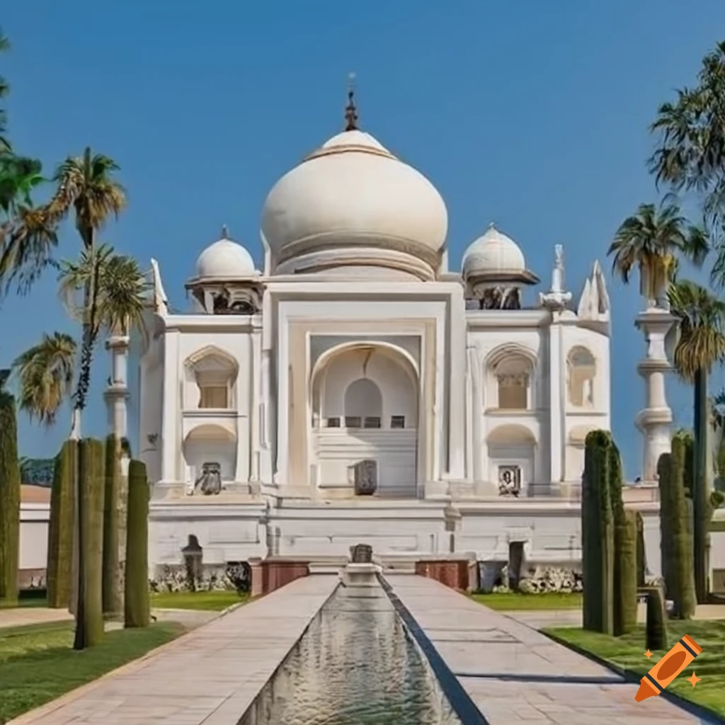 Front view of mahal white house in mediterranean architectural style on ...