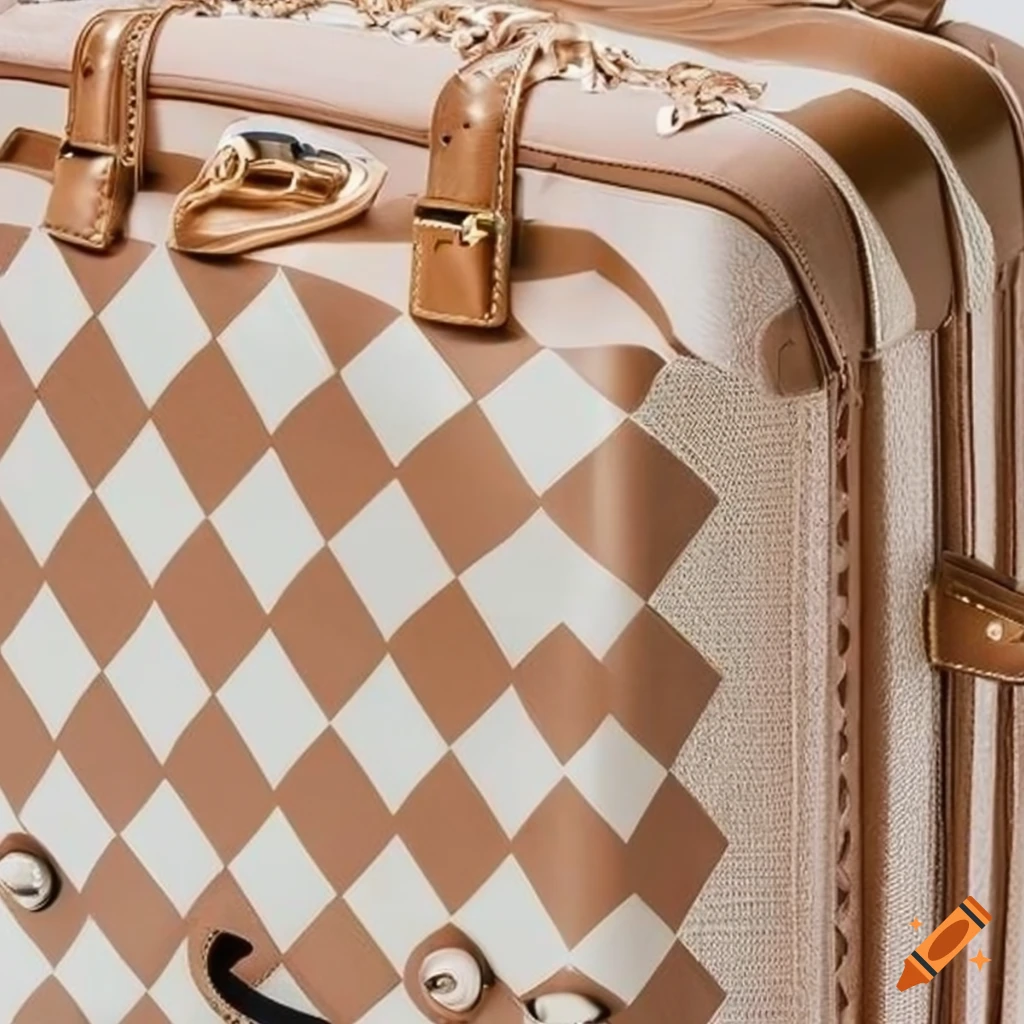 Elegant beige and gold suitcase with a checkerboard pattern