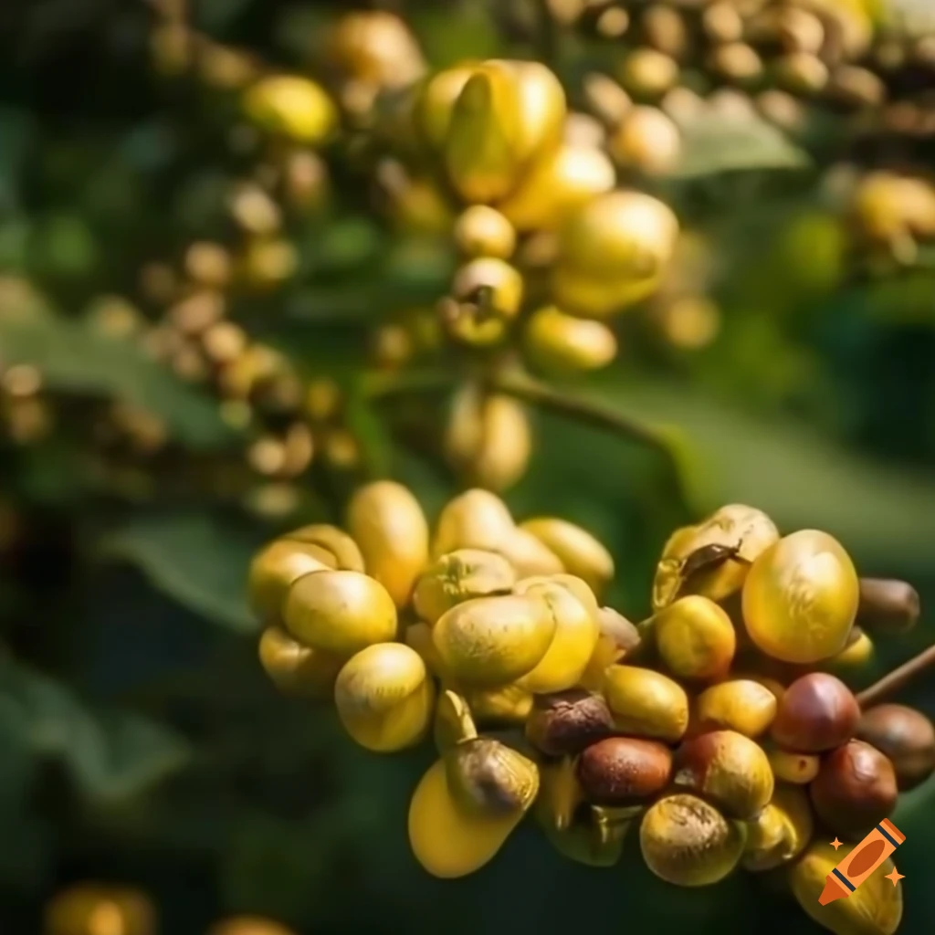 Coffee trees with golden beans in cinematic lighting on Craiyon