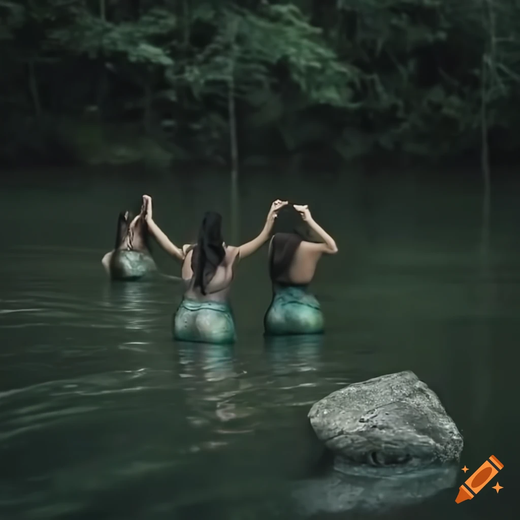 Cinematic photograph of mermaid children playing in the ocean surf on ...