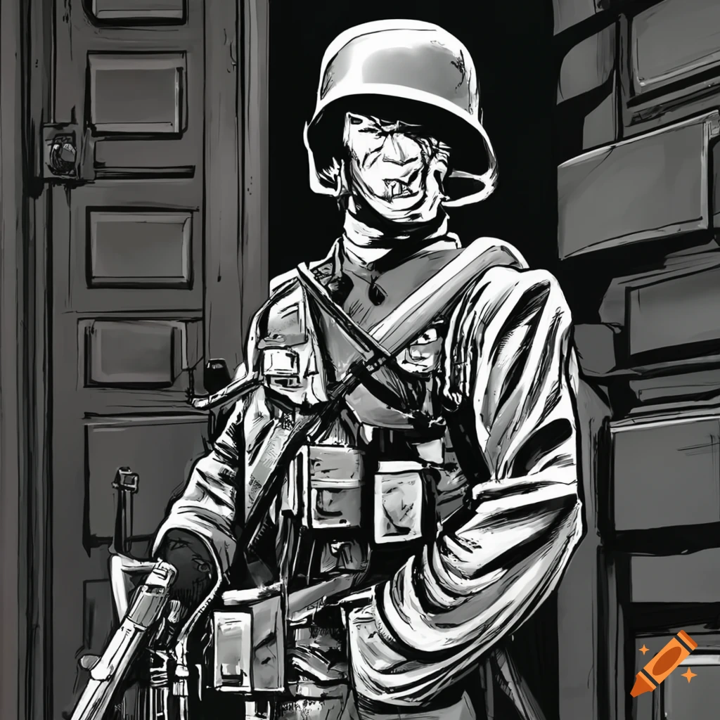 Black and white comic art of a german soldier guarding a door