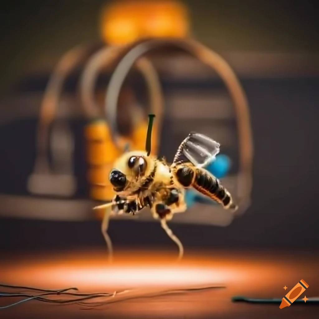 Robotic bee on a circuit board with resistors and wires on Craiyon