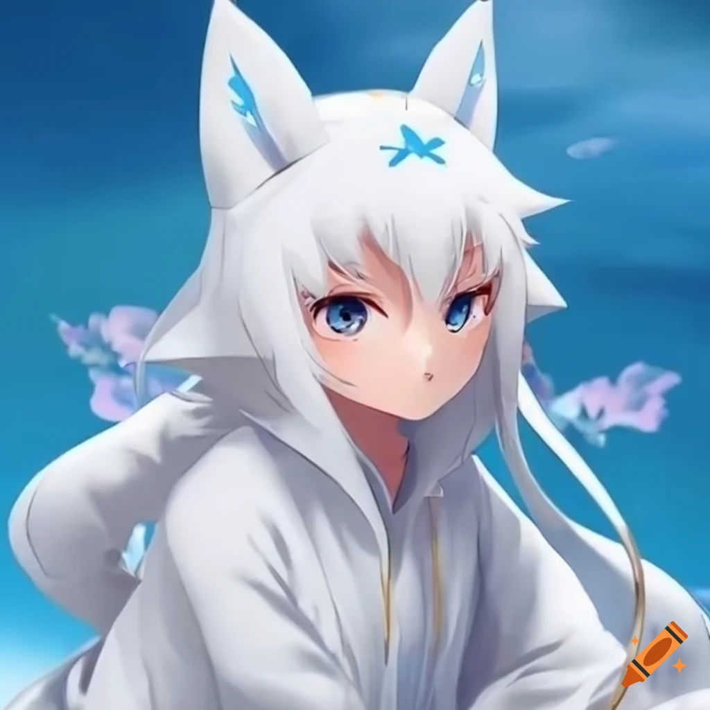 White kemono kitsune character with blue accents on Craiyon