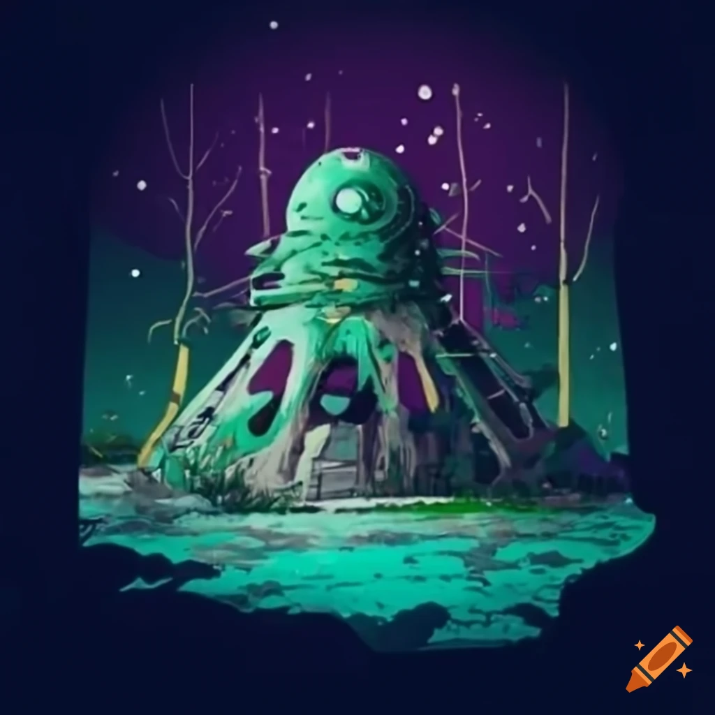 Silver spaceship covered in tree vines and roots