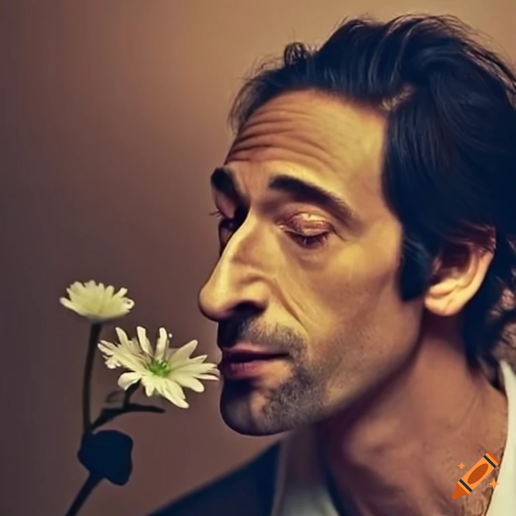 Adrien Brody smelling a flower on Craiyon
