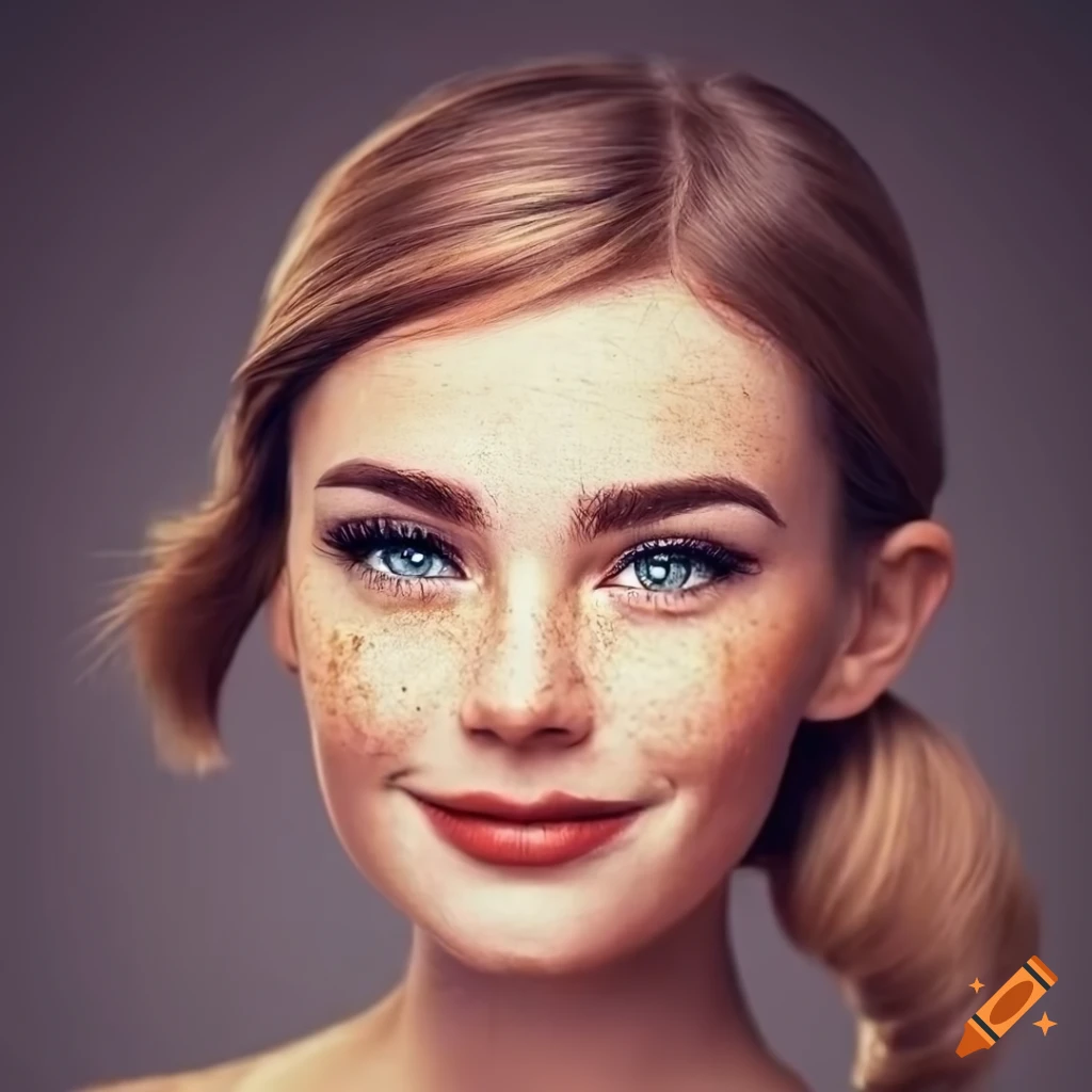 Portrait of a beautiful young woman with freckles and brown hair on Craiyon