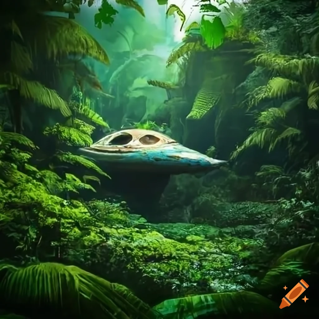 Image of an abandoned spaceship in a jungle on Craiyon