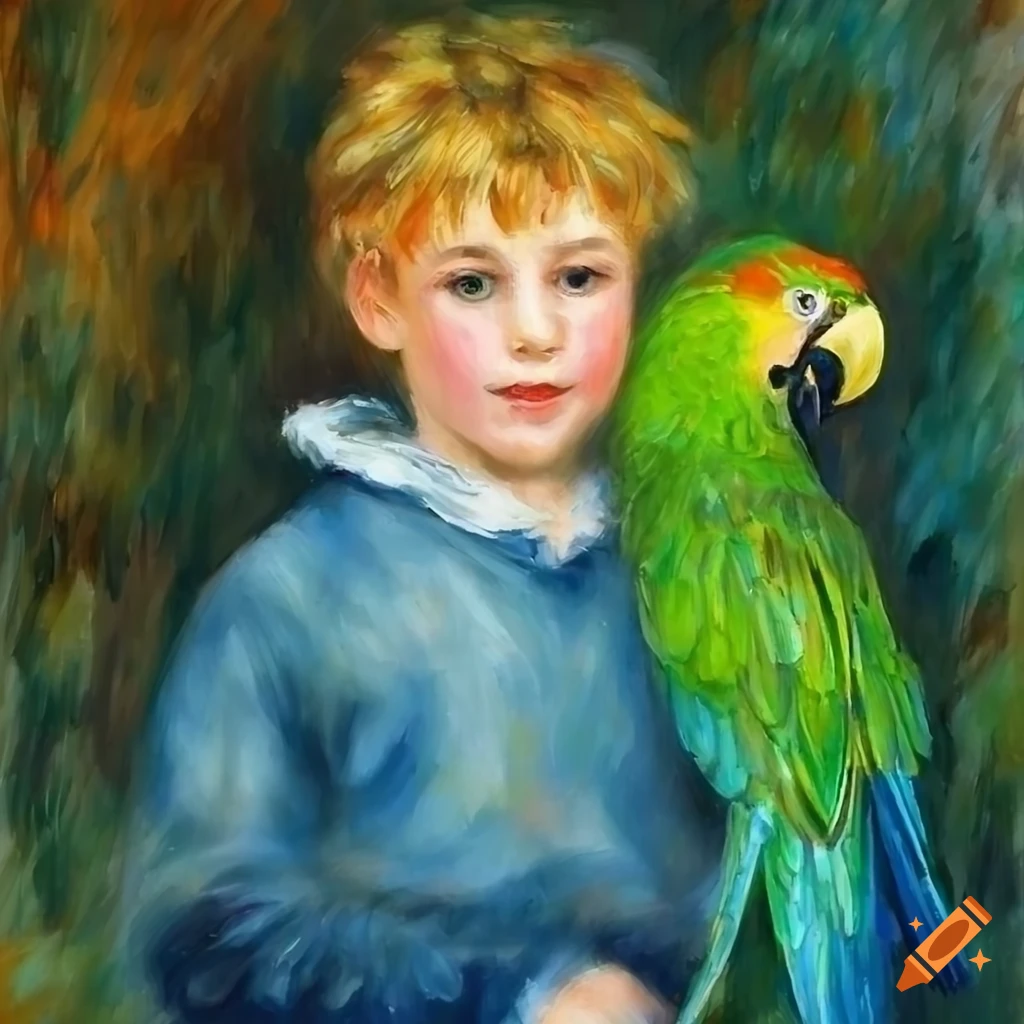 Oil painting of a happy boy with a green parrot on Craiyon
