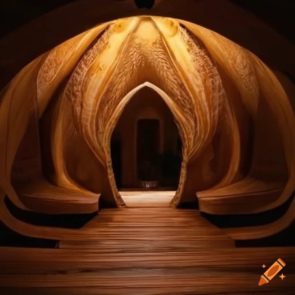 Illusory architecture of a cathedral-like cabin on Craiyon