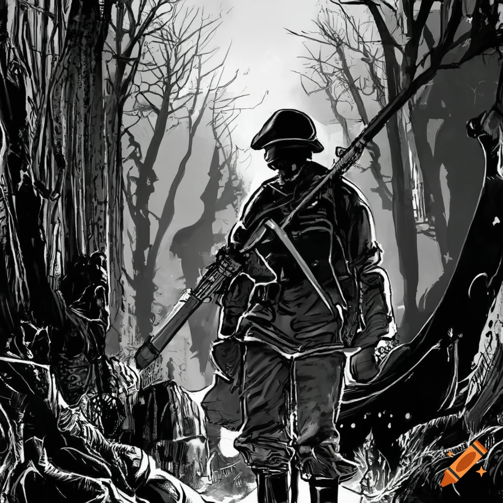 Ink comic book art of French resistance fighter in forest on Craiyon
