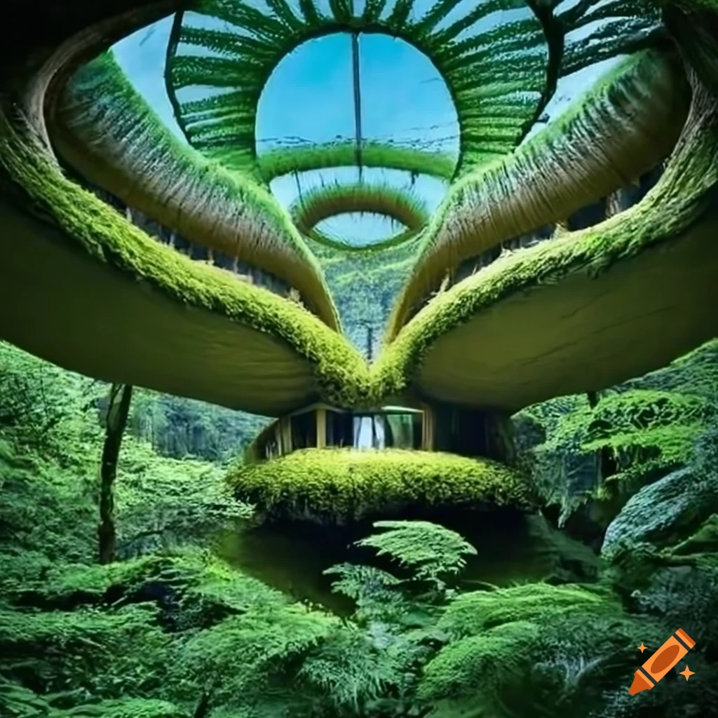 Biomorphic house surrounded by giant ferns on Craiyon
