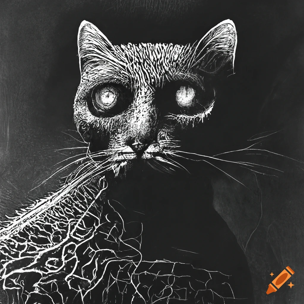 Zdzisław beksiński style black and white cat etching
