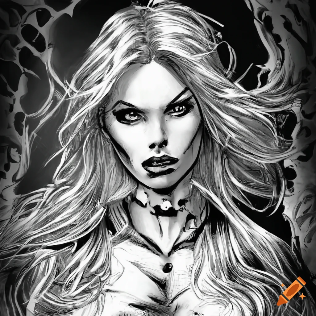 Comic book art of a blond woman in a white collar shirt