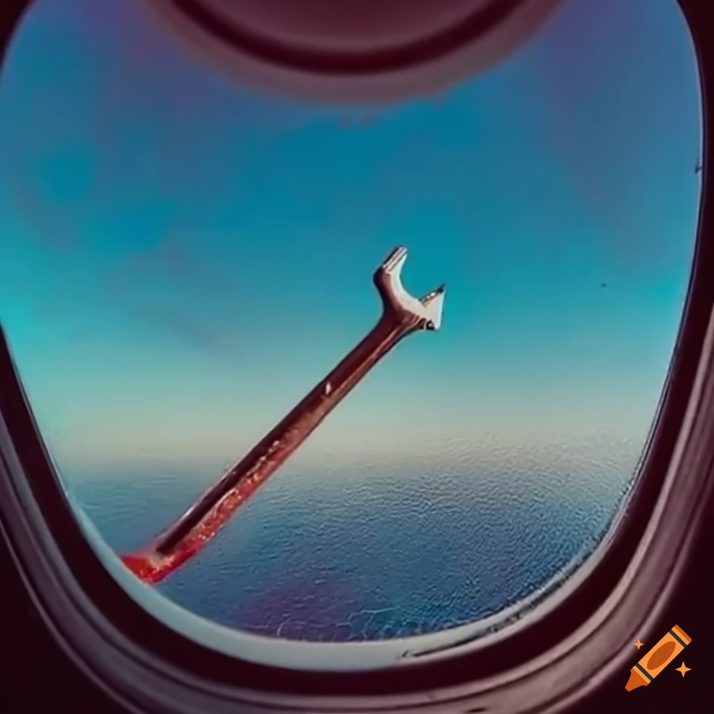 Image of a bloodied wrench viewed through an airplane window