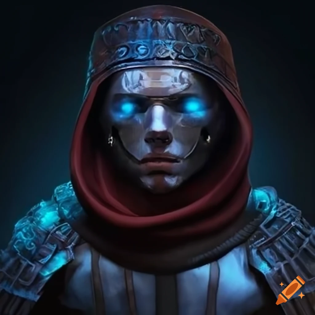 Image of a man in futuristic roman armor with glowing eyes on Craiyon
