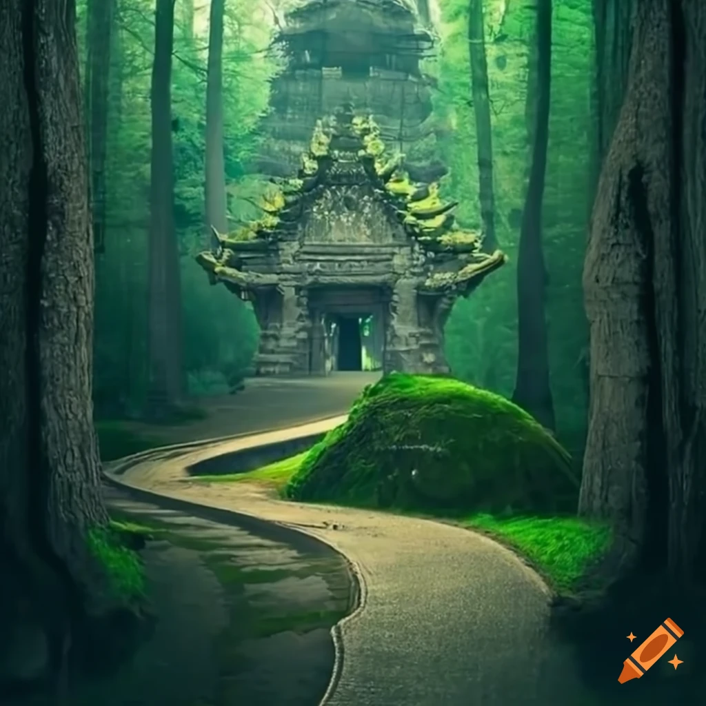 Mystical forest with a stone temple on Craiyon