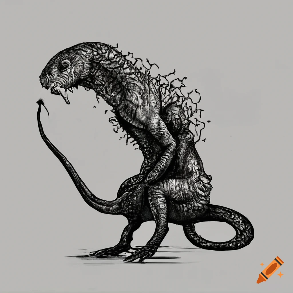 Detailed etching of a lovecraftian insect-otter hybrid monster