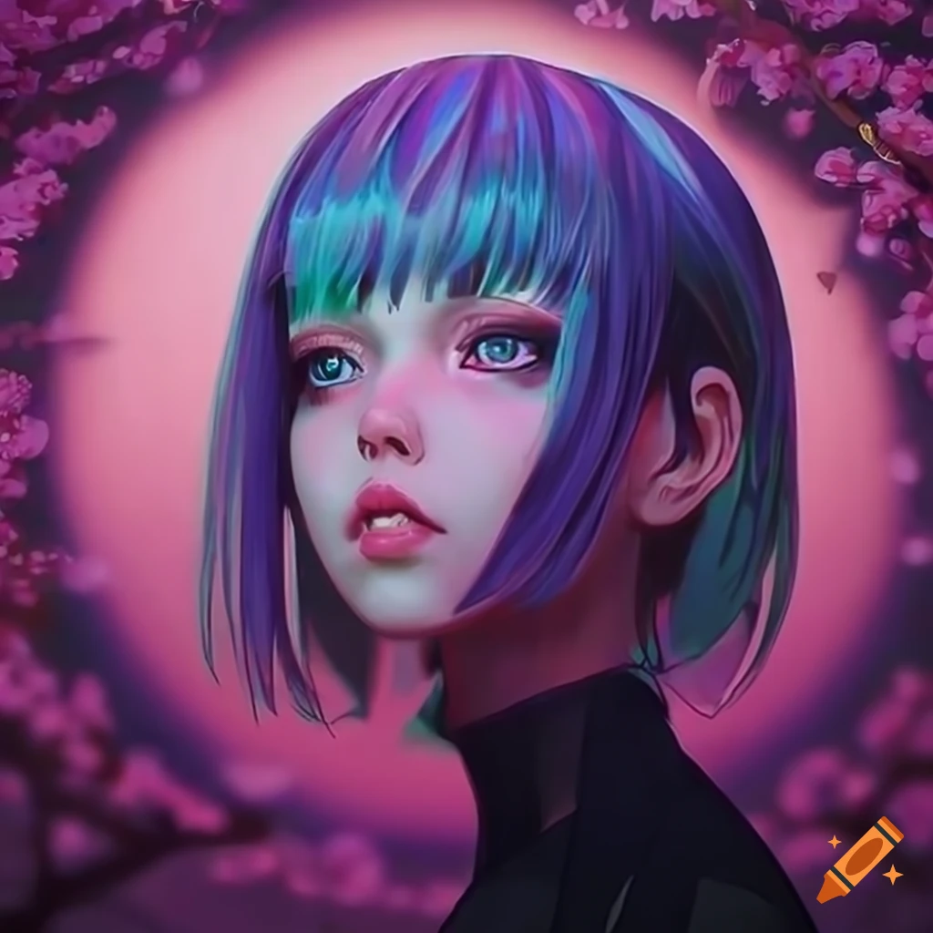 Realistic artwork of a futuristic cyberpunk girl with pastel hair on ...