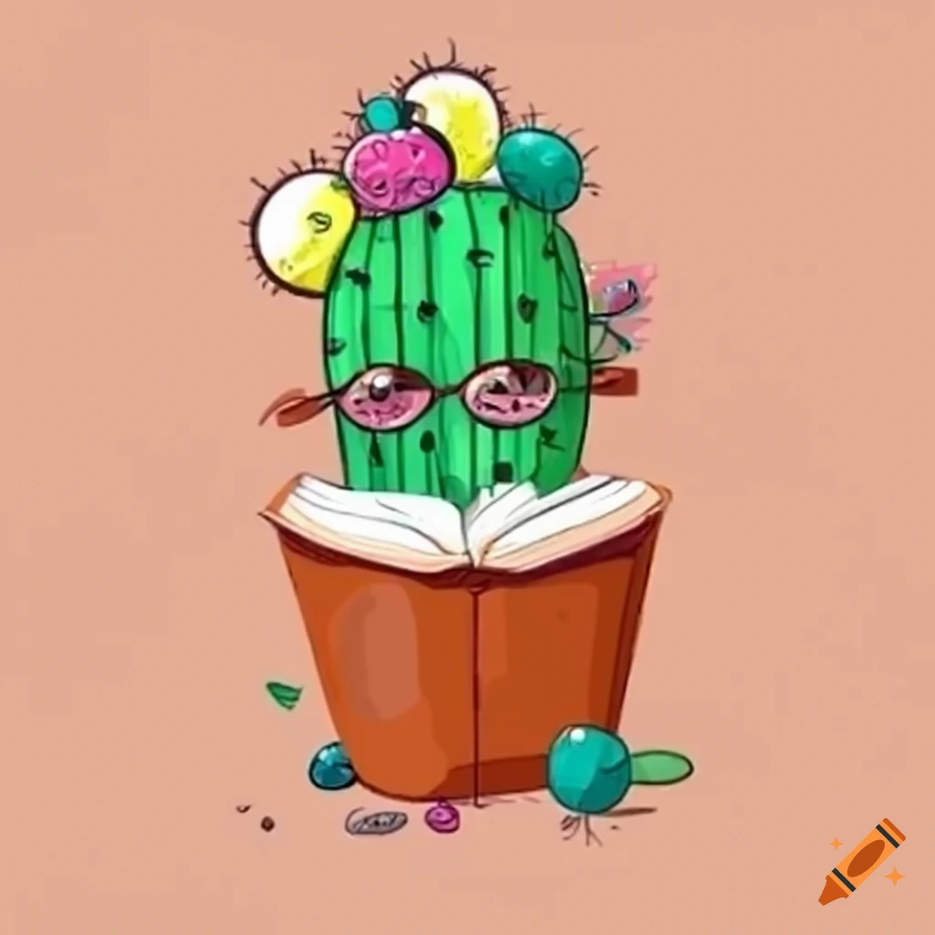 Cute cartoon cactus reading a book
