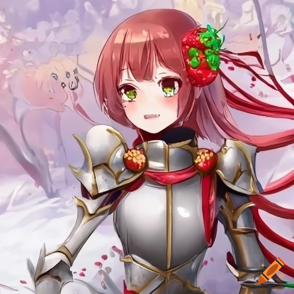 Cute anime girl knight with a strawberry shield in a snowy valley on ...