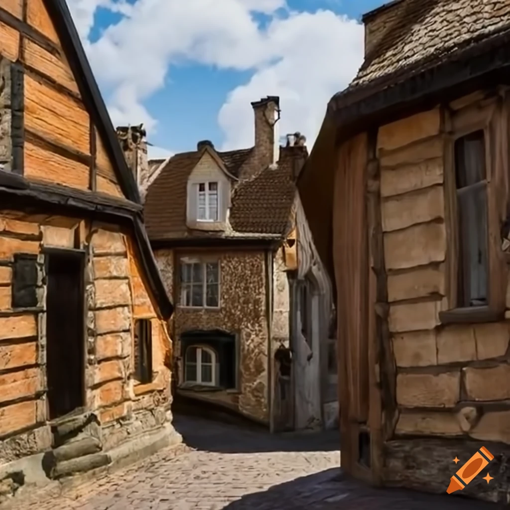 Icy medieval town street with castle under the sun on Craiyon