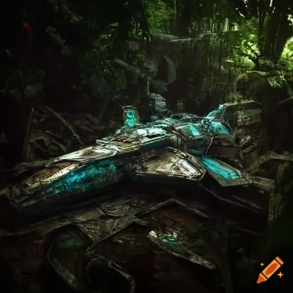 Abandoned hightech spaceship in a tropical jungle on Craiyon