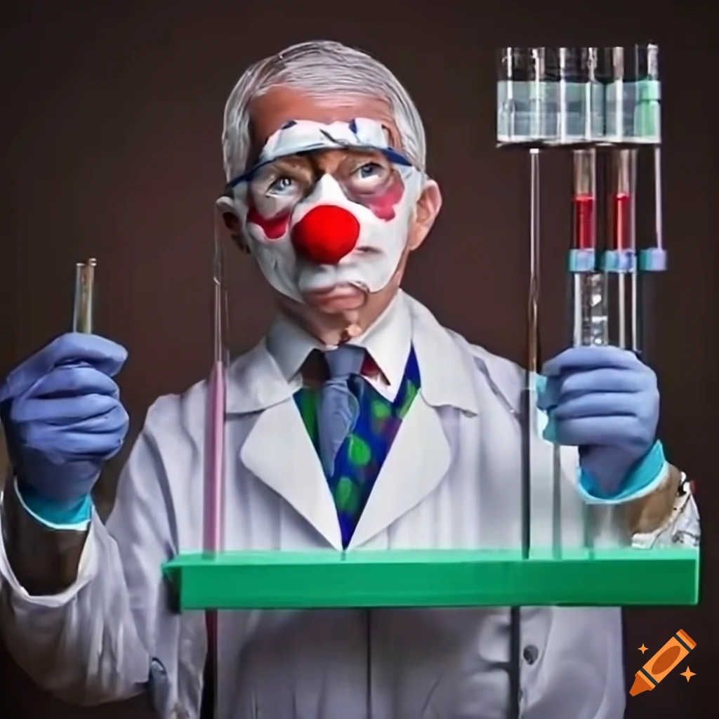 Satirical image of a clown scientist in a chemistry laboratory on Craiyon