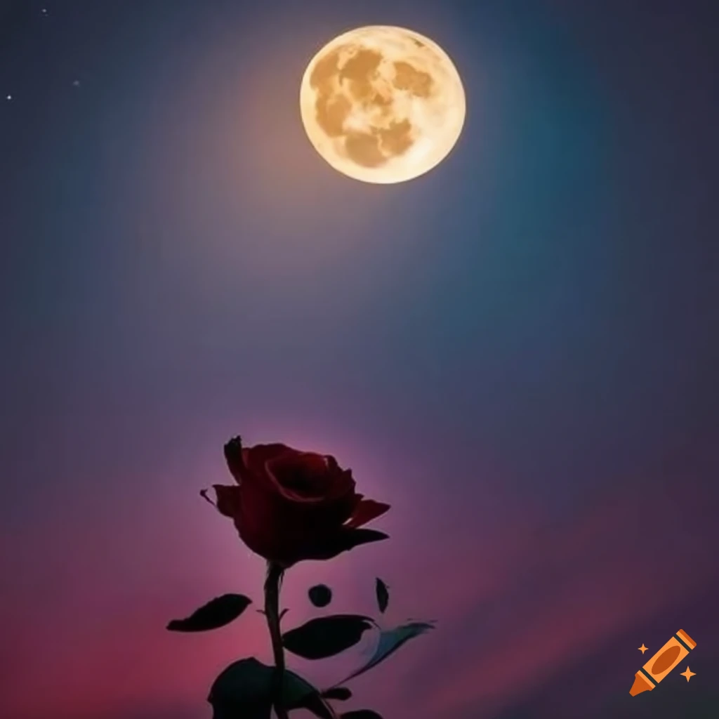 Rose illuminated by a full moon in a starry night