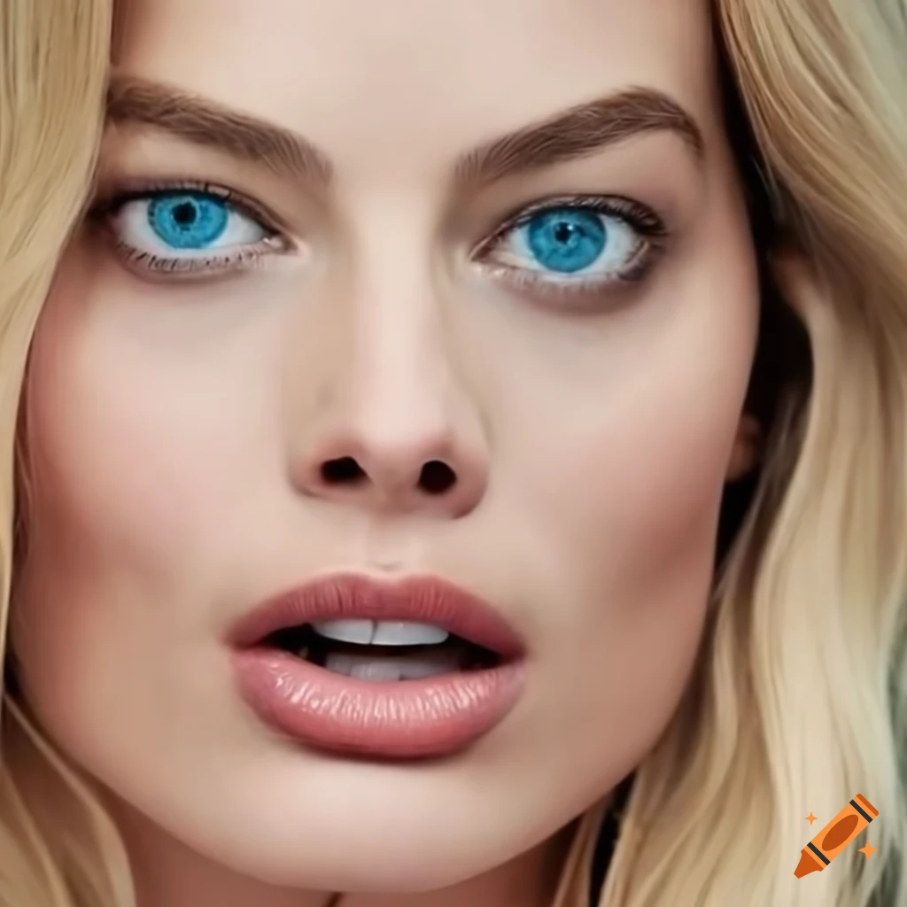 Portrait of margot robbie with blue catlike eyes