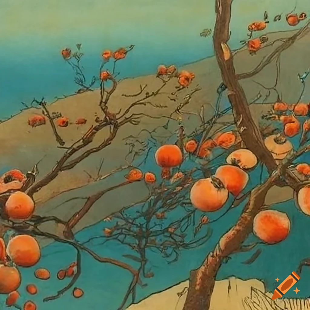 Colorful ukiyo-e artwork of persimmon trees and cliffs on Craiyon