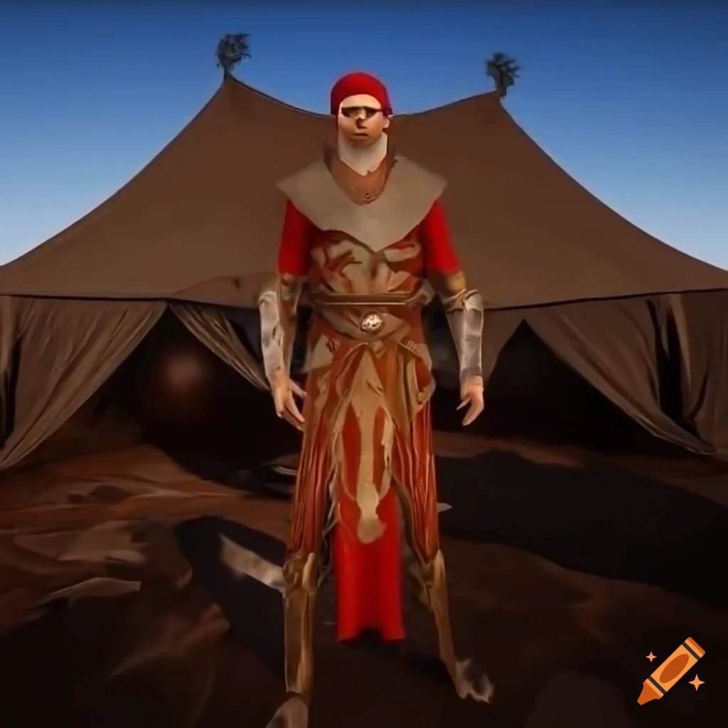 Render of a red-haired elf warrior with a turban hat in a desert on Craiyon