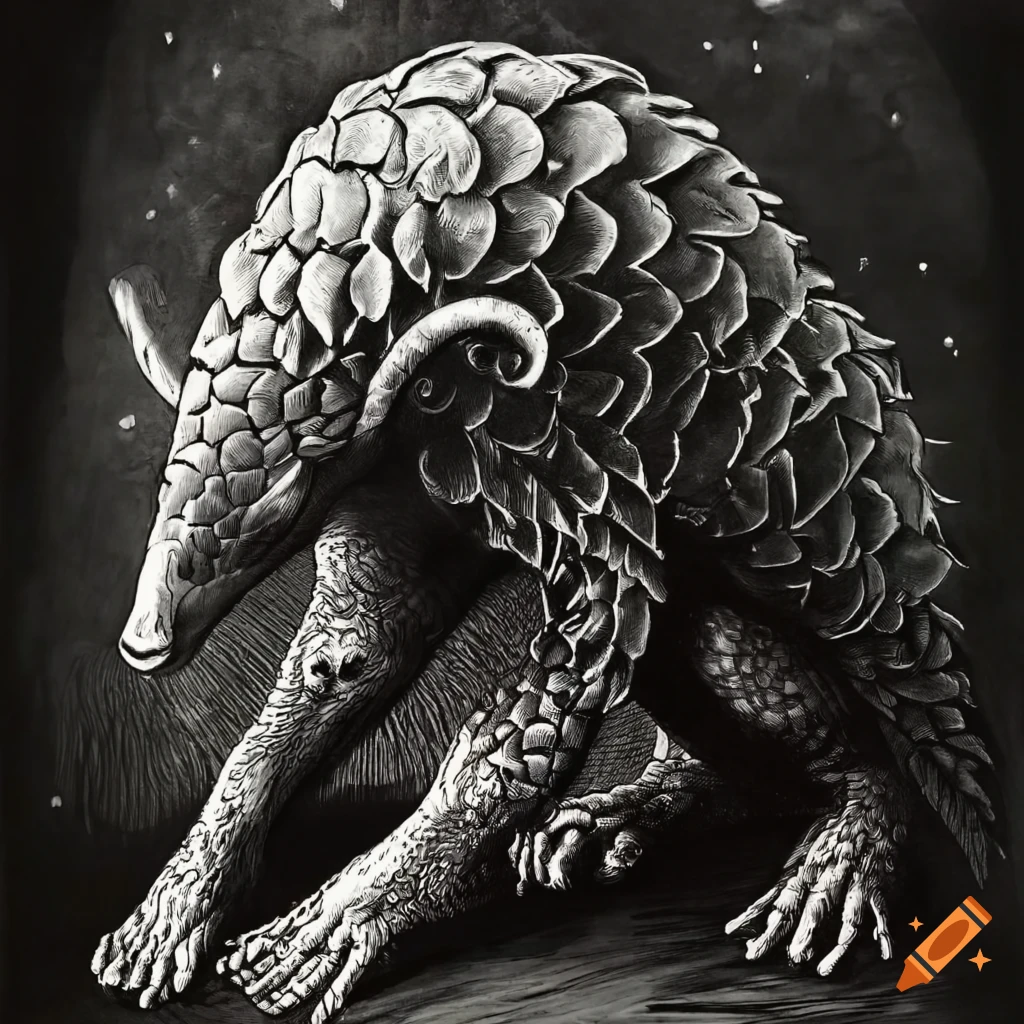 Detailed etching of a Lovecraftian pangolin-goat monster on Craiyon