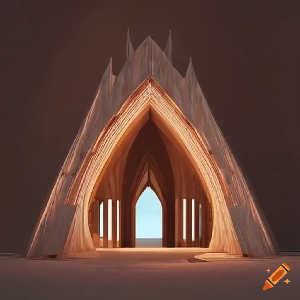 Illusory architecture of a cathedral-like cabin on Craiyon
