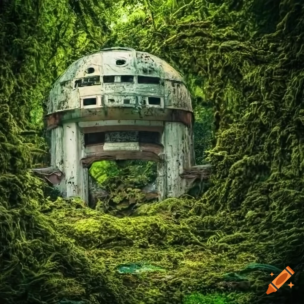 Image of abandoned spaceship in a jungle with aztec ruins on Craiyon