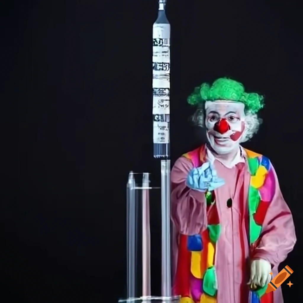 Satirical image of a clown scientist in a chemistry lab