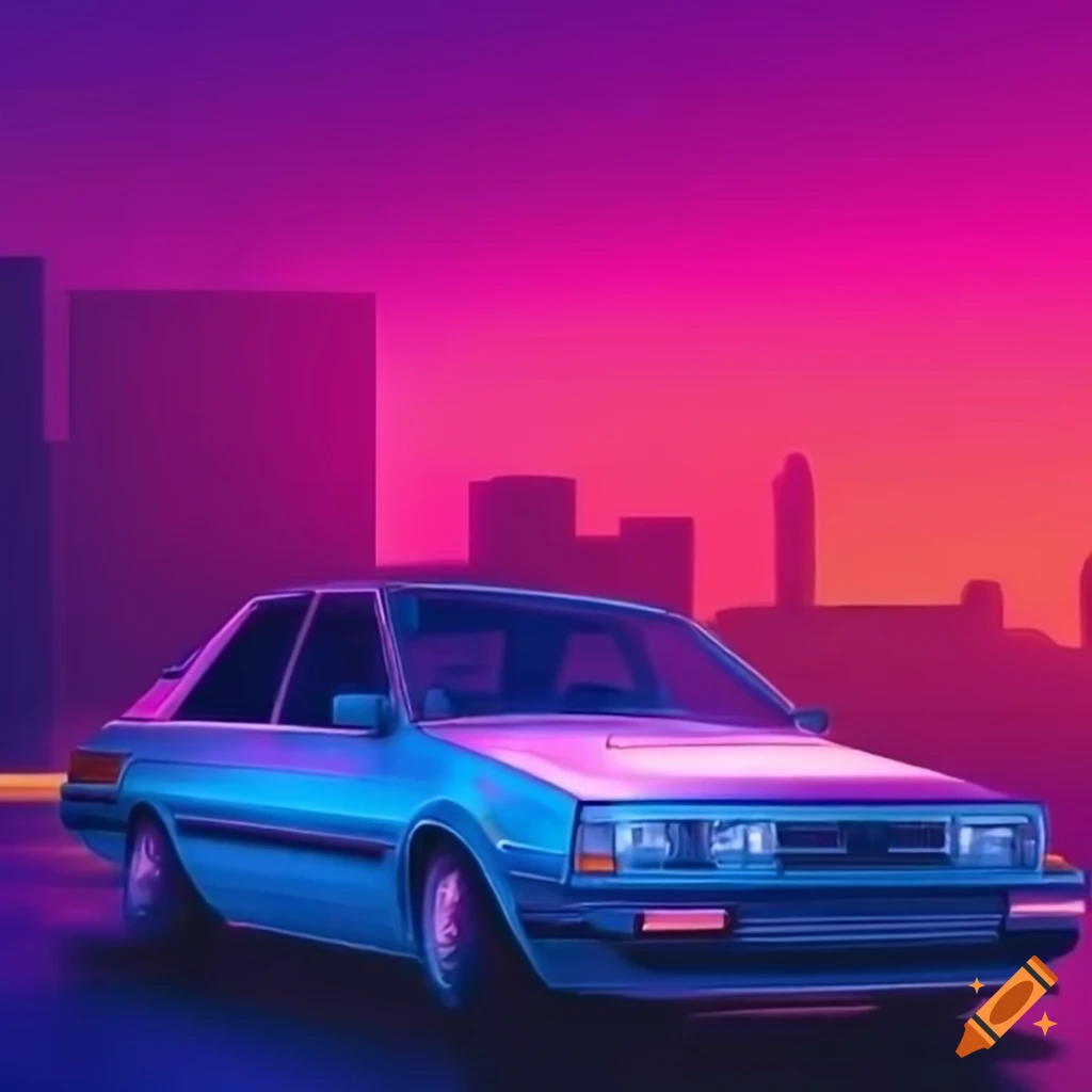 Retro neon lit Toyota Camry on a synthwave track on Craiyon